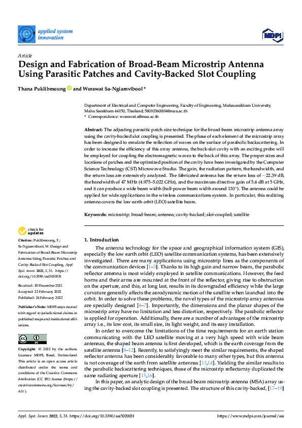 (PDF) Design and Fabrication of Broad-Beam Microstrip Antenna Using Parasitic Patches and Cavity ...