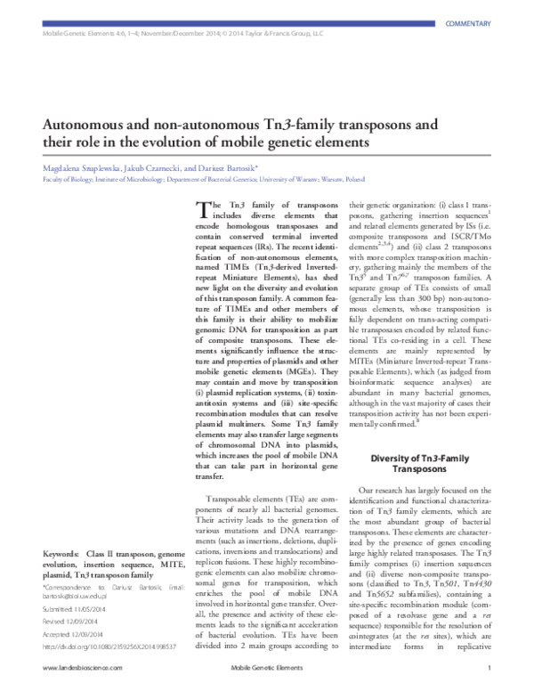 (PDF) Autonomous and non-autonomous Tn3-family transposons and their role in the evolution of ...