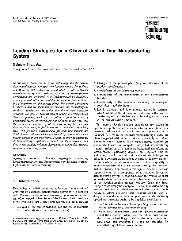 (PDF) Loading strategies for a class of just-in-time manufacturing system