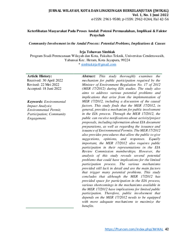 (PDF) Keterlibatan Masyarakat Pada Proses Amdal: Potensi Permasalahan ...