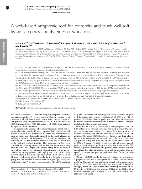 (PDF) A web-based prognostic tool for extremity and trunk wall soft tissue sarcomas and its ...