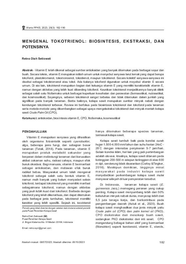 (PDF) Mengenal Tokotrienol: Biosintesis, Ekstraksi, Dan Potensinya