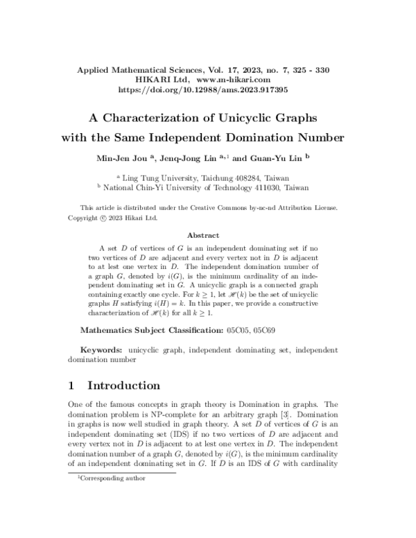 (PDF) A characterization of unicyclic graphs with the same independent domination number