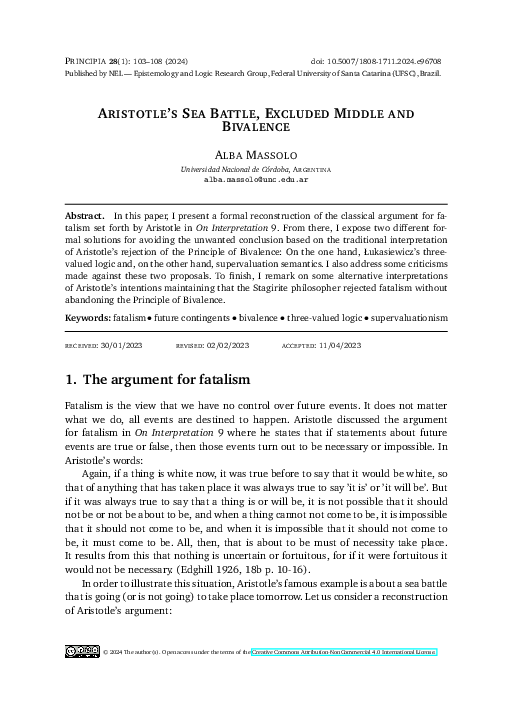 (PDF) Aristotle’s Sea Battle, Excluded Middle and Bivalence