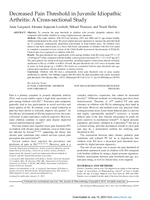 (PDF) Decreased Pain Threshold in Juvenile Idiopathic Arthritis: A ...