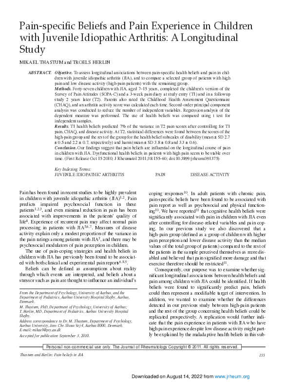 (PDF) Pain-specific Beliefs and Pain Experience in Children with ...
