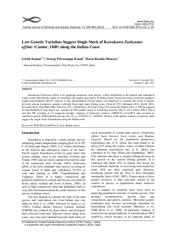 (PDF) Low Genetic Variation Suggest Single Stock of Kawakawa Euthynnus ...