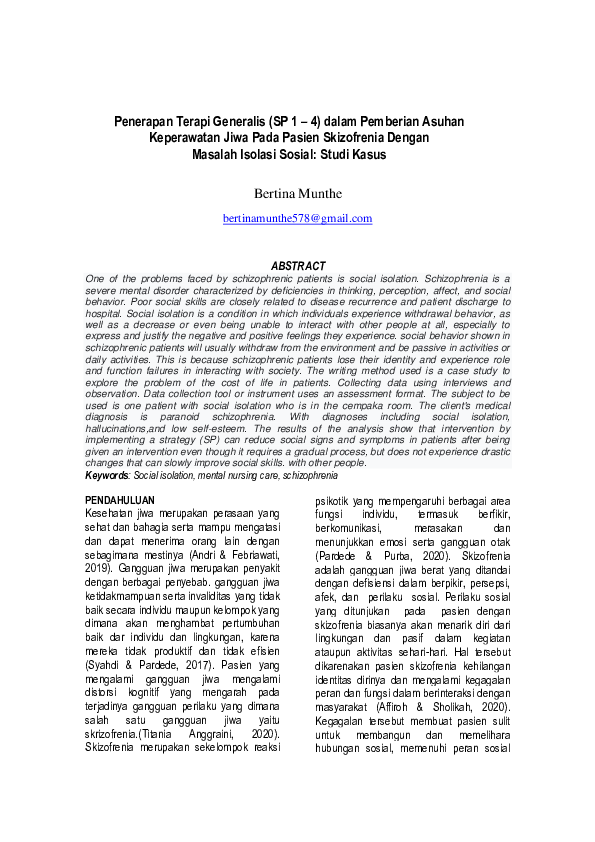 (PDF) Penerapan Terapi Generalis (SP 1 – 4) dalam Pemberian Asuhan Keperawatan Jiwa Pada Pasien ...