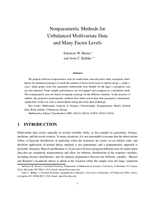 (PDF) Nonparametric methods for unbalanced multivariate data and many factor levels