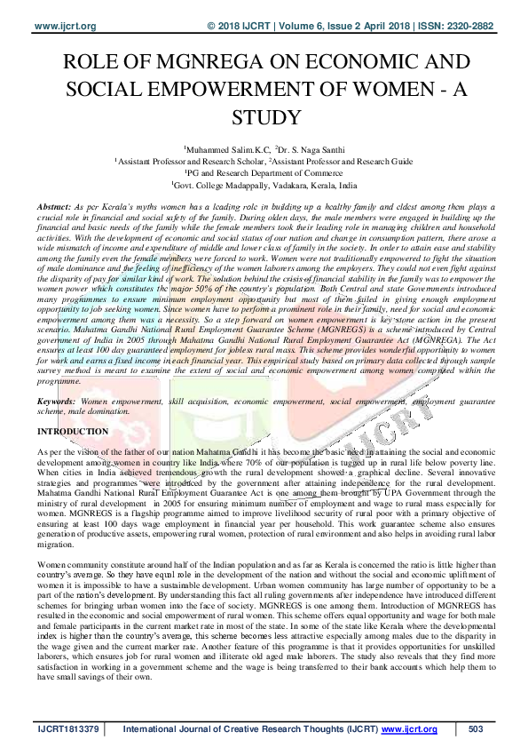 (PDF) Role of Mgnrega on Economic and Social Empowerment of Women-A Study