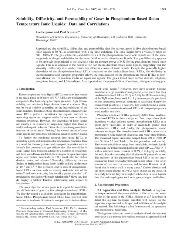 (PDF) Solubility, Diffusivity, and Permeability of Gases in Phosphonium-Based Room Temperature ...