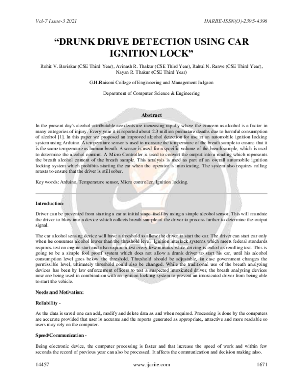 Pdf Drunk Driving Detection Using Car Ignition Locking Nayan Thakur