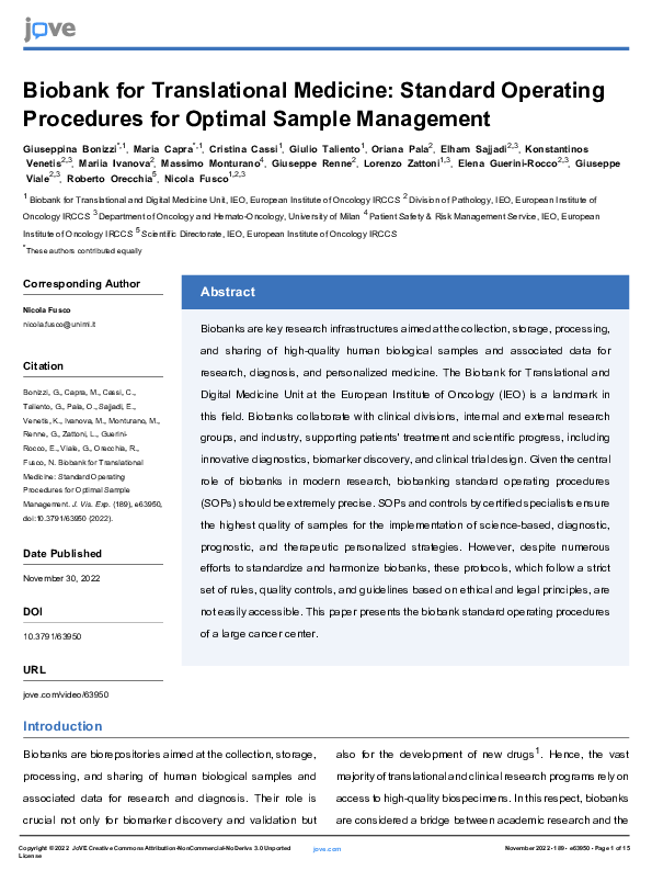 (PDF) Biobank for Translational Medicine: Standard Operating Procedures for Optimal Sample ...