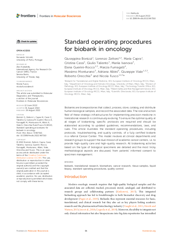 (PDF) Standard operating procedures for biobank in oncology