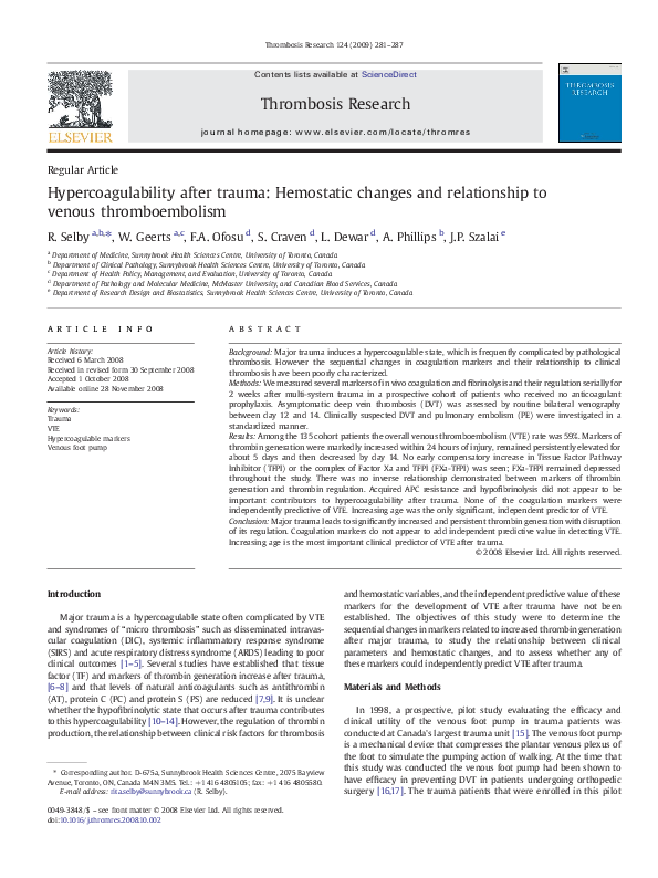 (PDF) Hypercoagulability after trauma: Hemostatic changes and ...