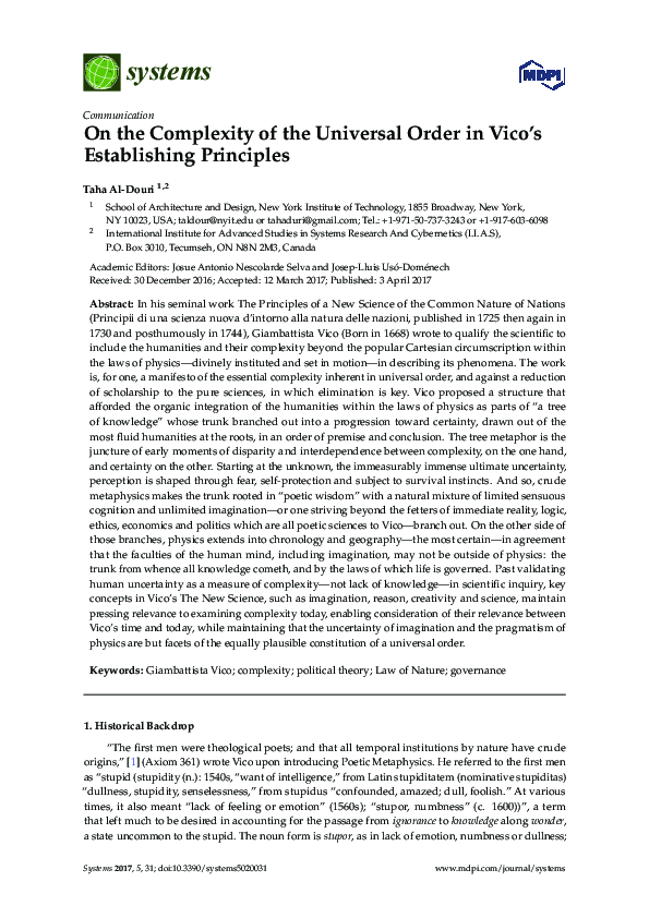 (PDF) On the Complexity of the Universal Order in Vico’s Establishing Principles