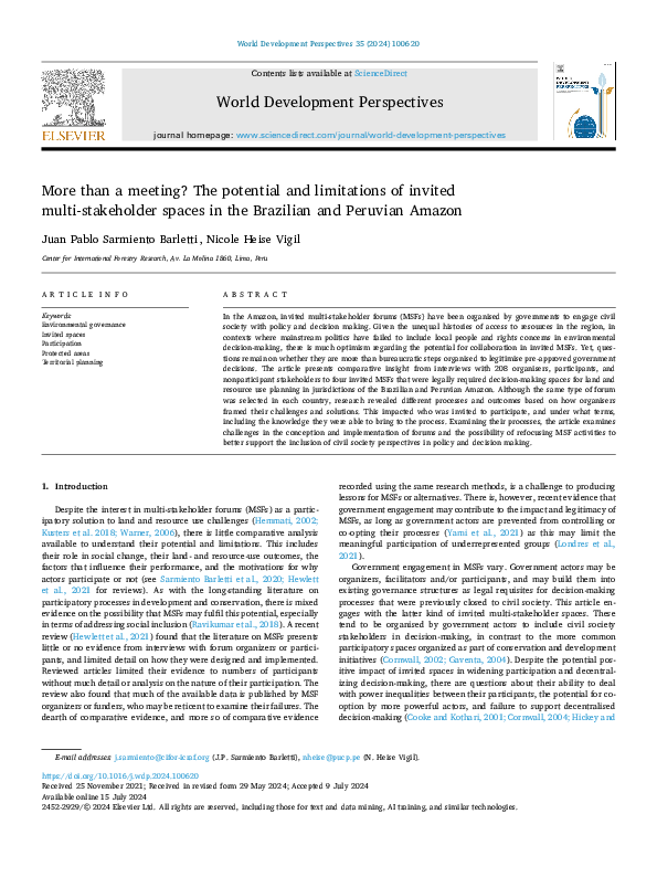 (PDF) Sarmiento Barletti JP and NM Heise. 2024. More than a meeting? The potential and ...