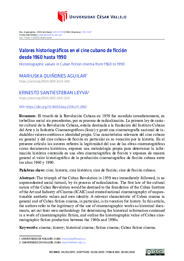 (PDF) Valores historiográficos en el cine cubano de ficción desde 1960 ...