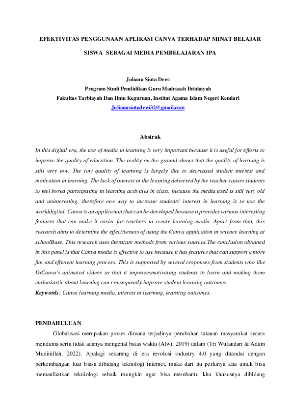 (PDF) EFEKTIVITAS PENGGUNAAN APLIKASI CANVA TERHADAP MINAT BELAJAR SISWA SEBAGAI MEDIA ...