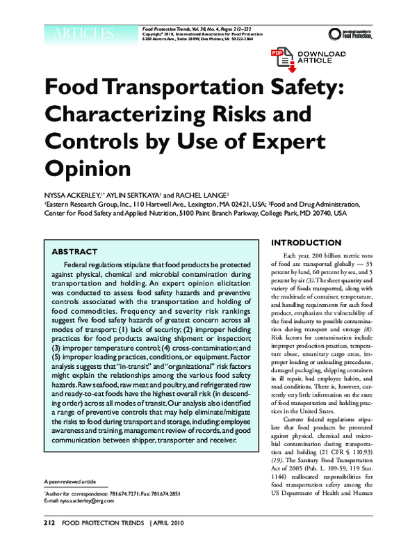 (PDF) Food Transportation Safety: Characterizing Risks and Controls by ...