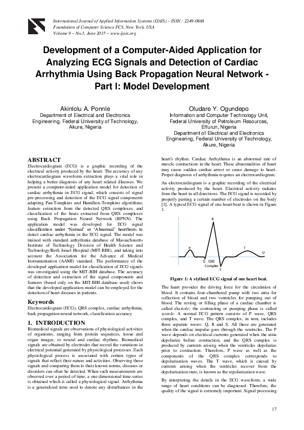 (PDF) Development of a Computer-Aided Application for Analyzing ECG Signals and Detection of ...