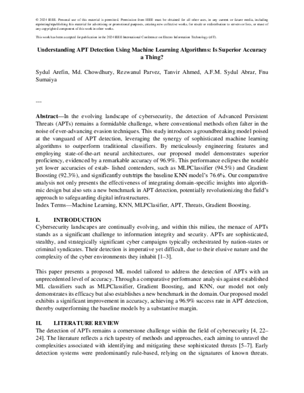 Pdf Understanding Apt Detection Using Machine Learning Algorithms Is