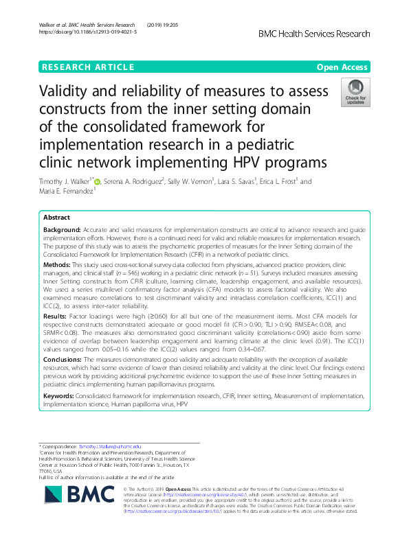 (PDF) Validity and reliability of measures to assess constructs from the inner setting domain of ...