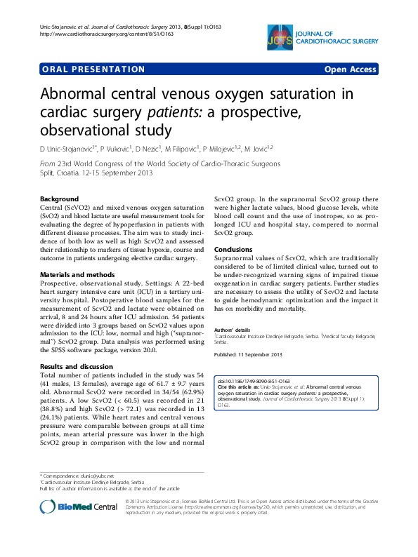 (PDF) Abnormal central venous oxygen saturation in cardiac surgery patients: a prospective ...