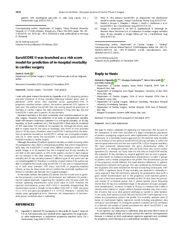 (PDF) EuroSCORE II was launched as a risk score model for prediction of ...