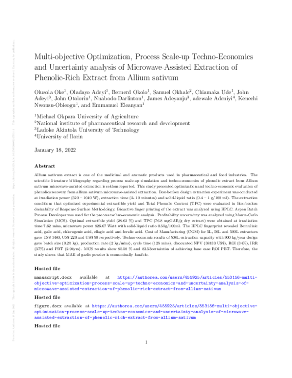(PDF) Multi-objective Optimization, Process Scale-up Techno-Economics and Uncertainty analysis ...
