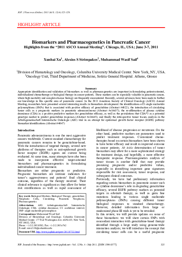 (PDF) Biomarkers and Pharmacogenetics in Pancreatic Cancer