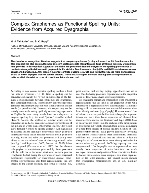 (PDF) Complex Graphemes as Functional Spelling Units: Evidence from ...