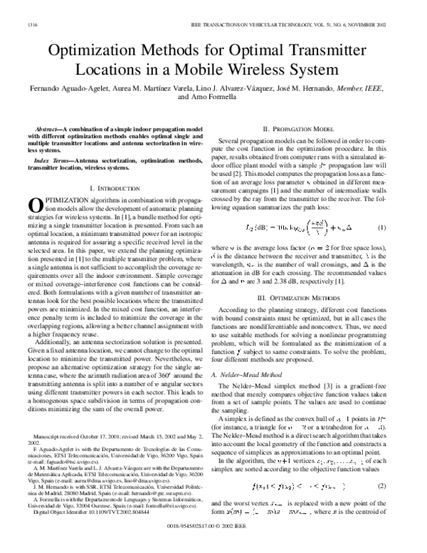 (PDF) Optimization methods for optimal transmitter locations in a mobile wireless system