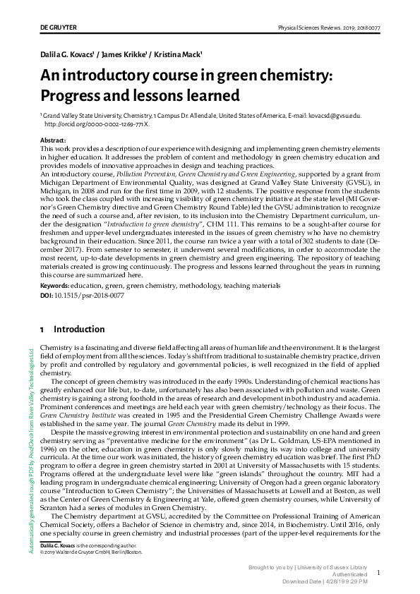 (PDF) An introductory course in green chemistry: Progress and lessons ...