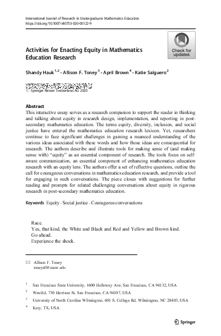 (PDF) Activities for Enacting Equity in Mathematics Education Research