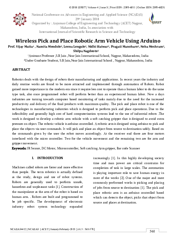 Pdf Wireless Pick And Place Robotic Arm Vehicle Using Arduino