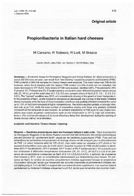 (PDF) Propionibacteria in Italian hard cheeses | Michela Carcano ...