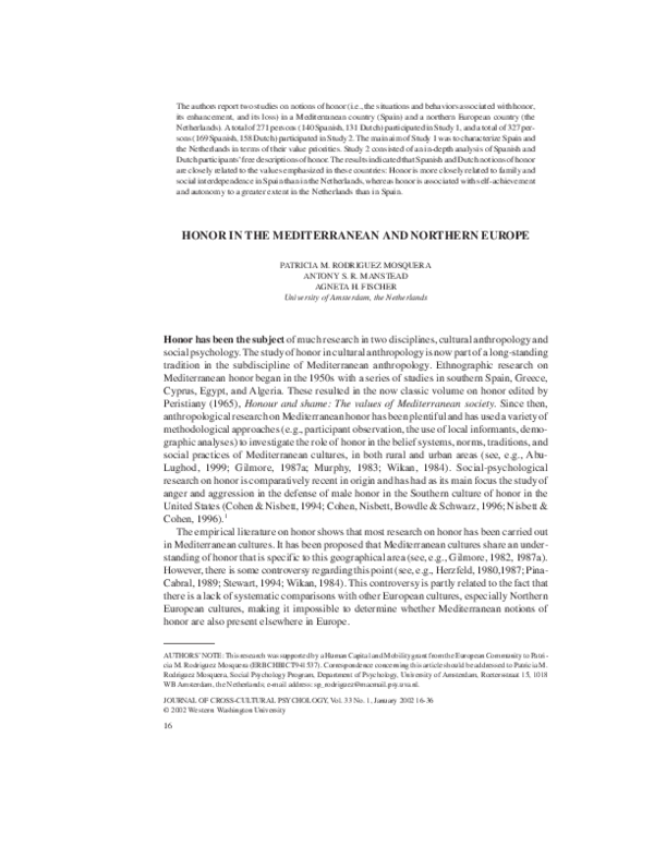 (PDF) Honor in the Mediterranean and Northern Europe