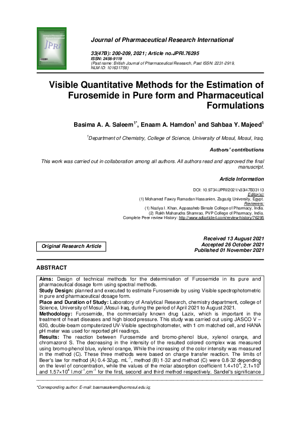 (PDF) Visible Quantitative Methods for the Estimation of Furosemide in Pure form and ...