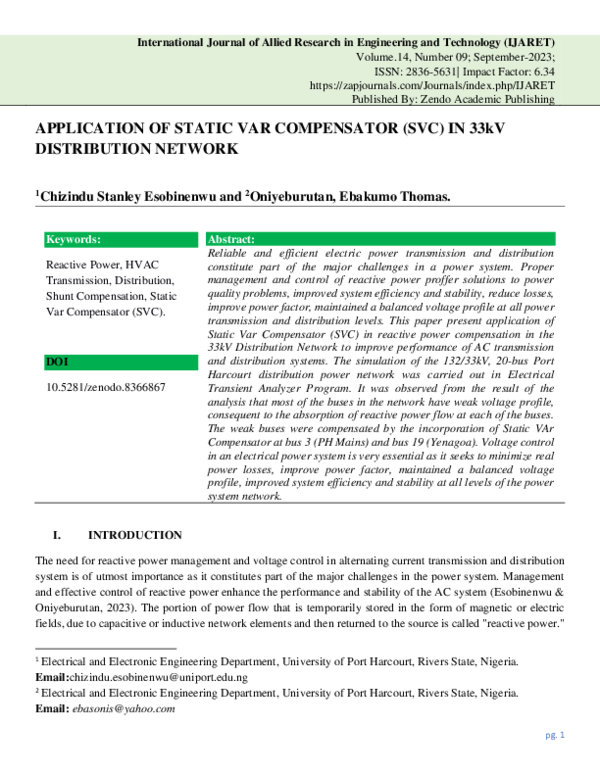 (PDF) APPLICATION OF STATIC VAR COMPENSATOR (SVC) IN 33kV DISTRIBUTION NETWORK