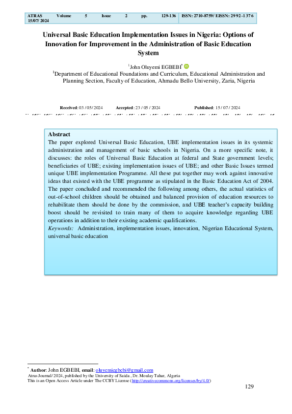 (PDF) Universal Basic Education Implementation Issues in Nigeria: Options of Innovation for ...