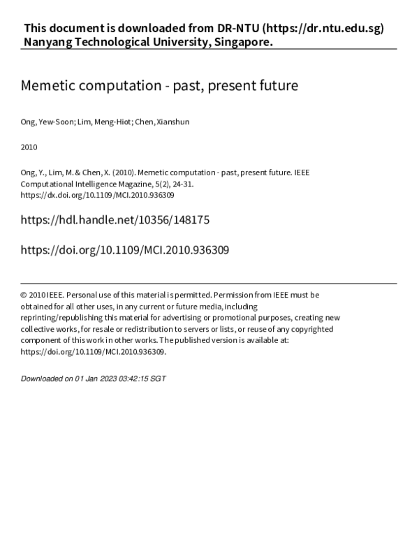 (PDF) Memetic Computation—Past, Present & Future [Research Frontier