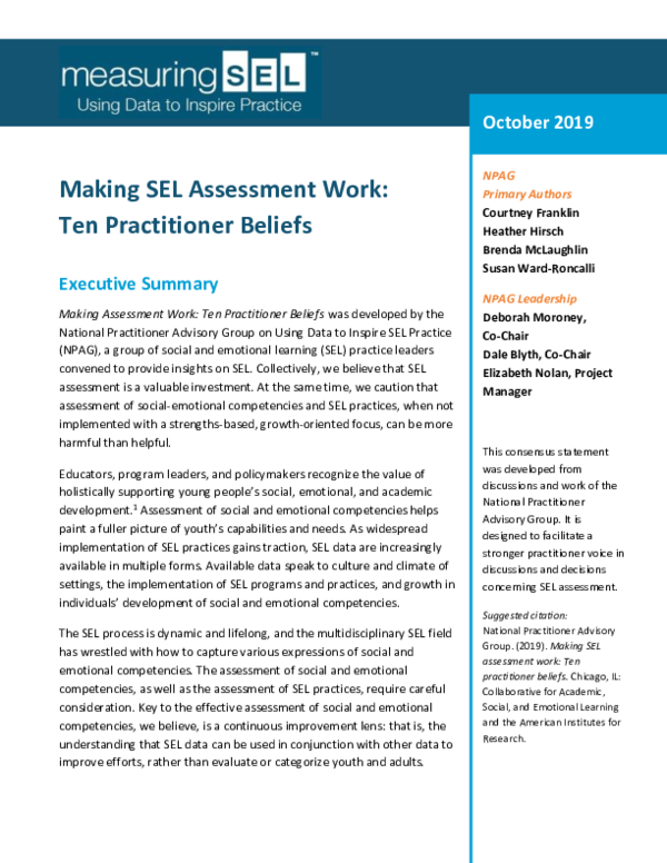 (PDF) Making SEL Assessment Work: Ten Practitioner Beliefs