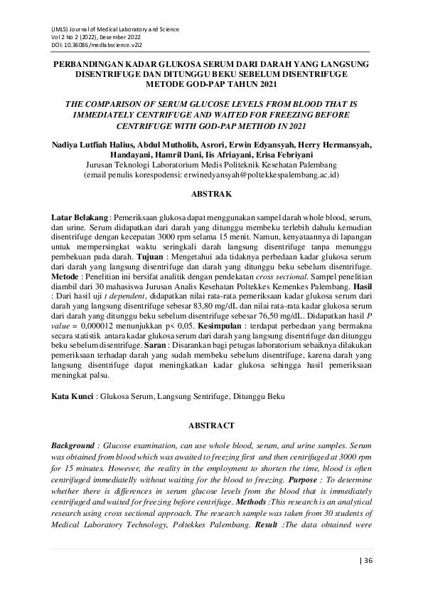 (PDF) Perbandingan Kadar Glukosa Serum Dari Darah Yang Langsung ...