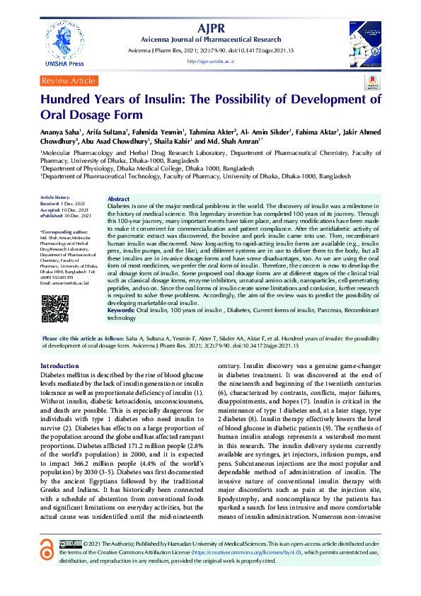 (PDF) Hundred Years of Insulin: The Possibility of Development of Oral Dosage Form