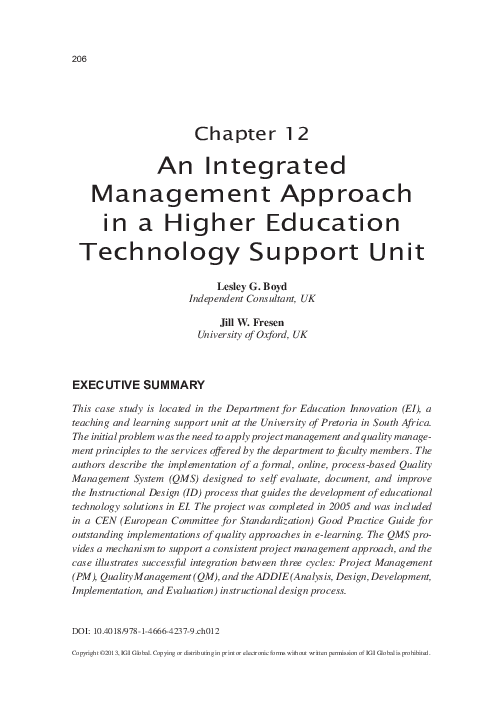 (PDF) An Integrated Management Approach in a Higher Education Technology Support Unit