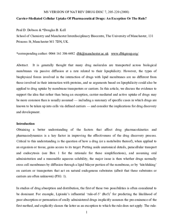 (PDF) Carrier-mediated cellular uptake of pharmaceutical drugs: an ...