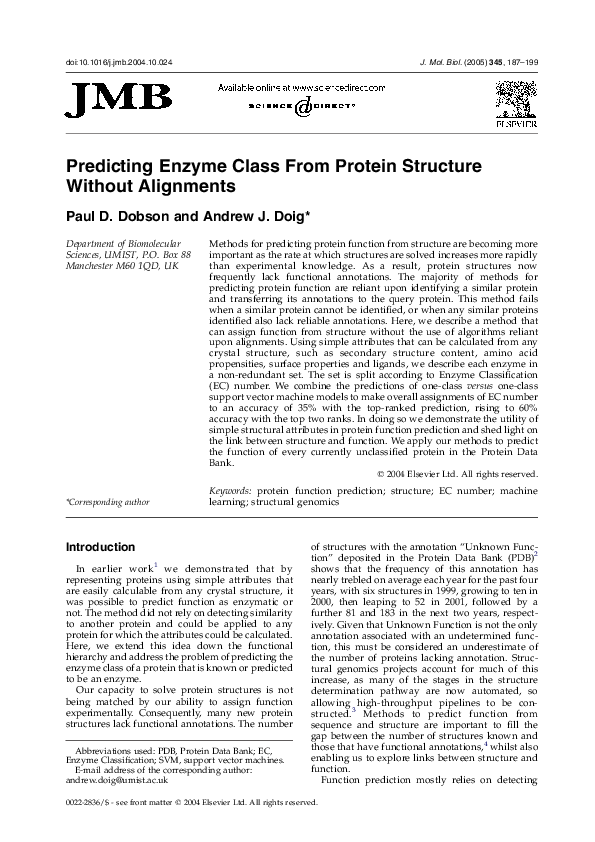 (PDF) Predicting Enzyme Class From Protein Structure Without Alignments