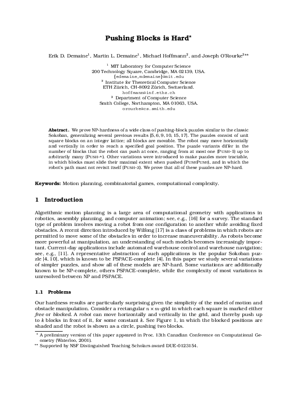 (PDF) Pushing blocks is hard