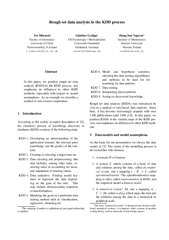 Pdf Rough Set Data Analysis In The Kdd Process